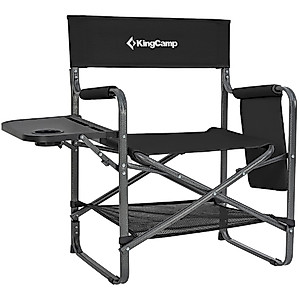 KingCamp Premium Extra Heavy Duty Wide Camping Directors Chairs Supports 300lbs for Adults, Padded Folding Portable Camping Chair with Side Table Storage Pockets Carry Straps, Black
