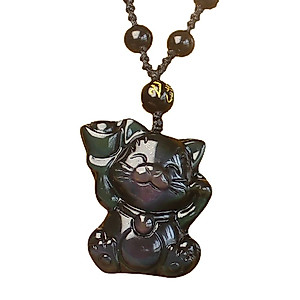 Natural rainbow Obsidian crystal Fortune lucky cat Necklace Amulet pendant bead with adjustable bead chain for Women or Men