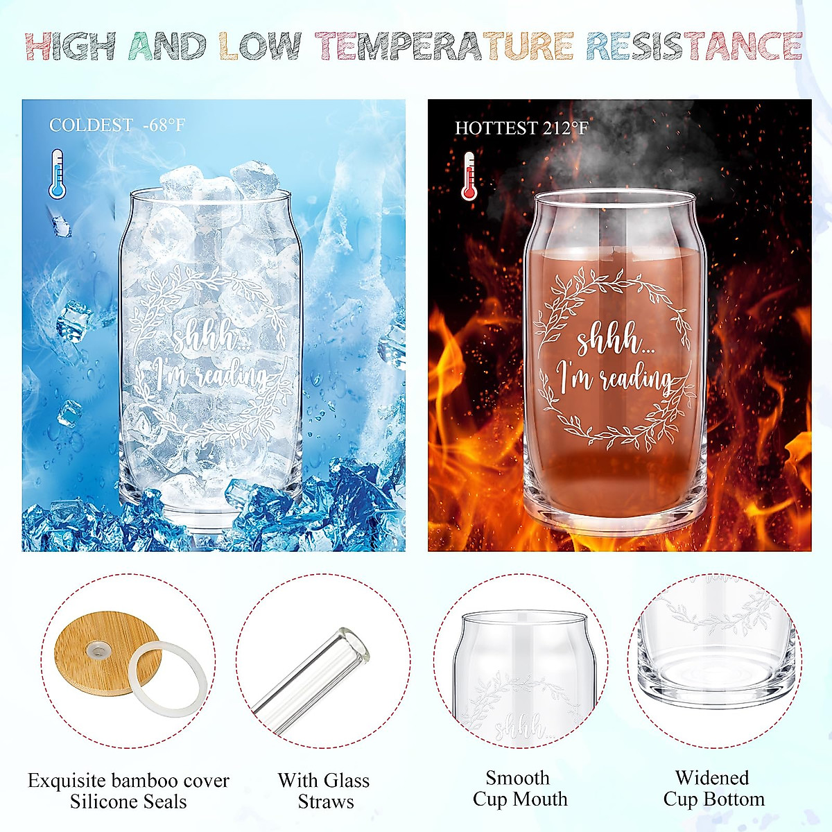 Inbagi Book Lovers Gifts Set Include 16oz Drinking Glass with Bamboo Lid and Straw for Library Tote Bag Stainless Steel Bookmark Gift for Reader Teacher Women(Elegant, 13 x 15 x 4'')