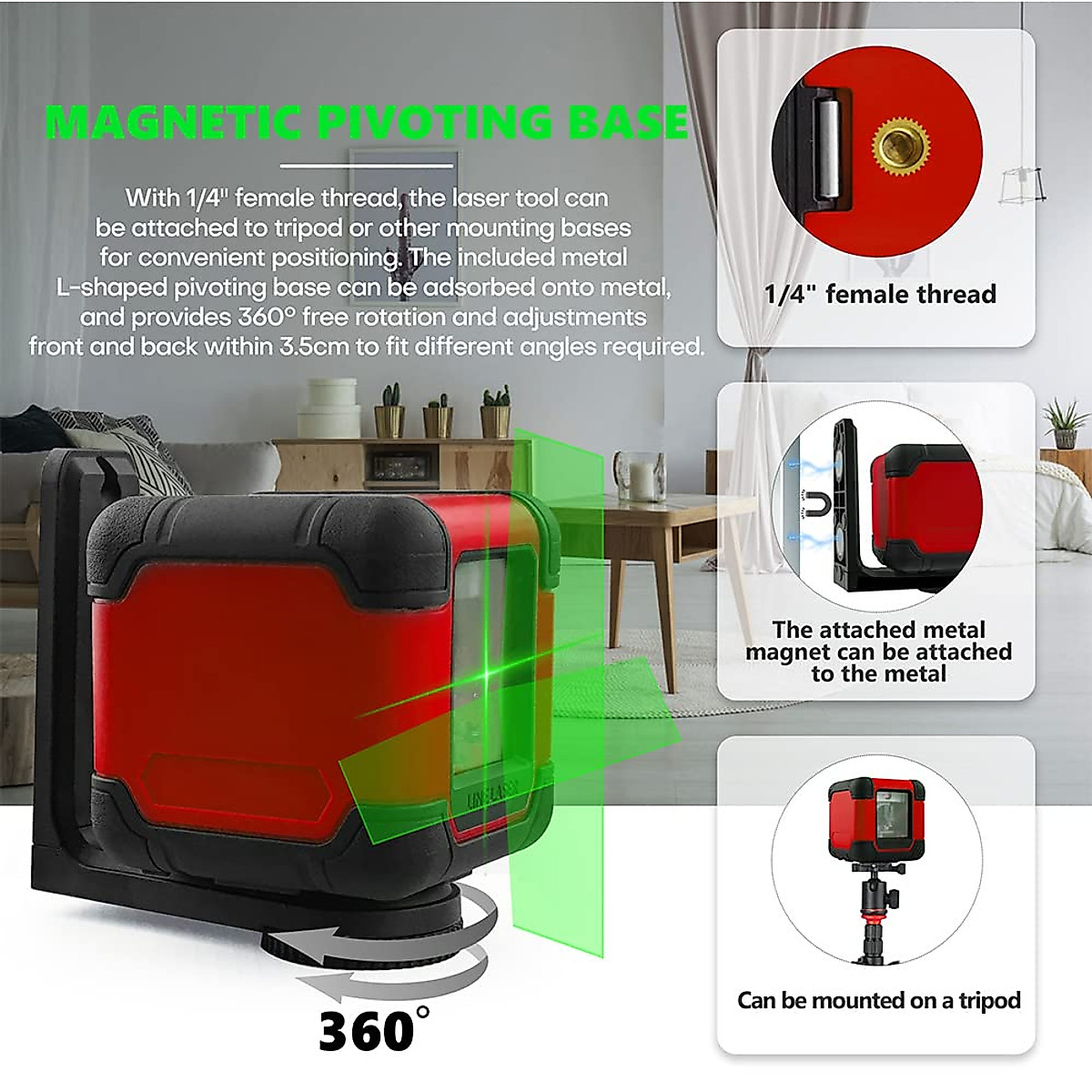 YIYITOOLS Line Laser Level Tools 100ft Green Self Fit for Indoor Outdoor Picture Hanging Construction Wall Writing Tile Installation, SN011G