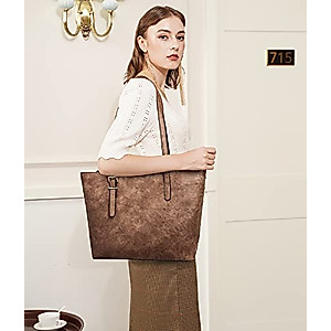 FOXLOVER Vegan Leather Tote Bags for Women Large Capacity Shoulder Bags Vintage Satchel Handbag Purse (Brown)