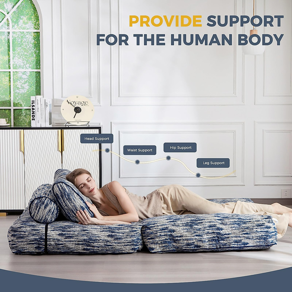 MAXYOYO Folding Sofa Bed, Convertible Sleeper Chair with Pillow, Soft Fold Out Chair Bed, Versatile Floor Sofa Lounge for Living Room Bedroom, Blue