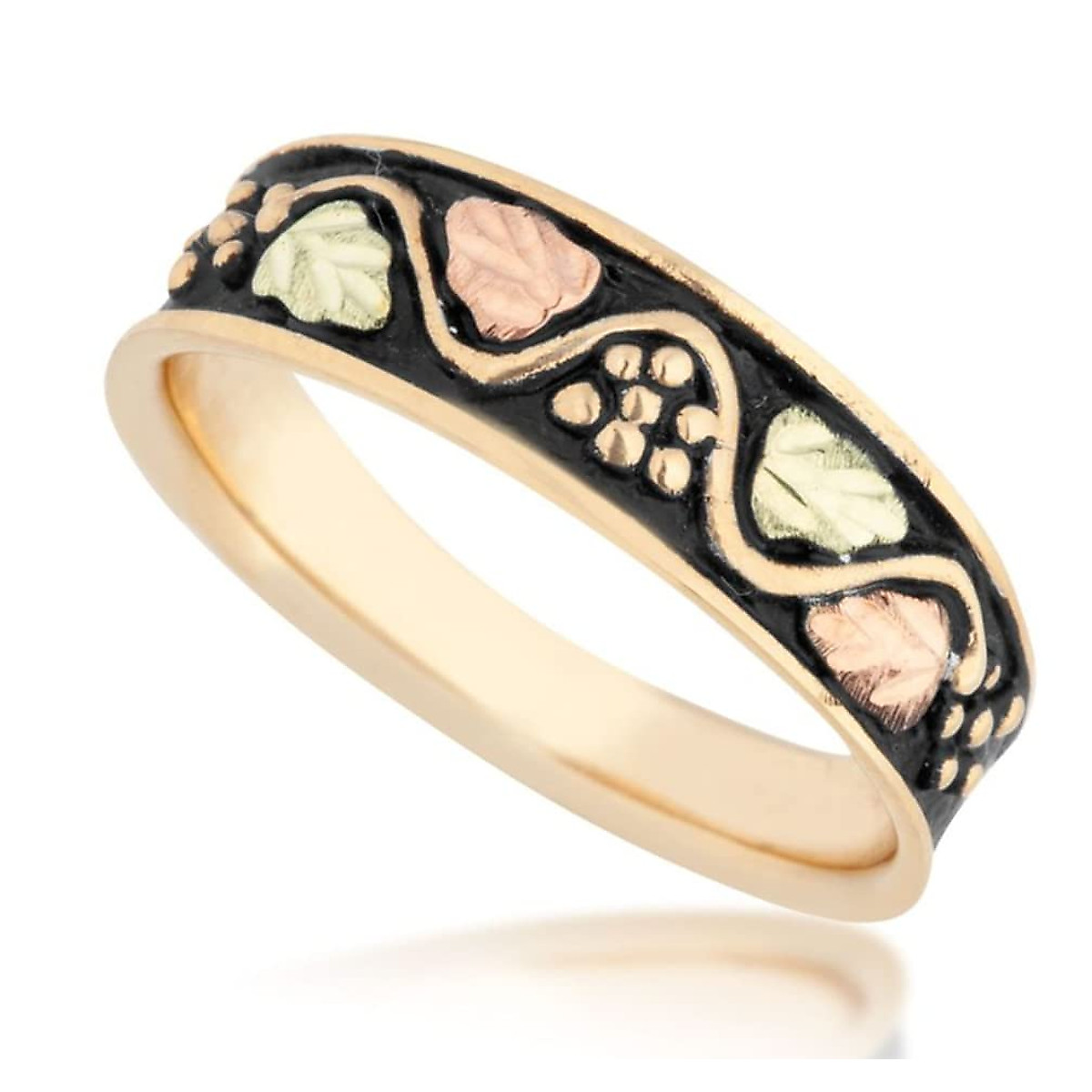 Antiqued with Grape Leaves Band, 10k Yellow Gold, 12k Green and Rose Black Hills Gold Size 8