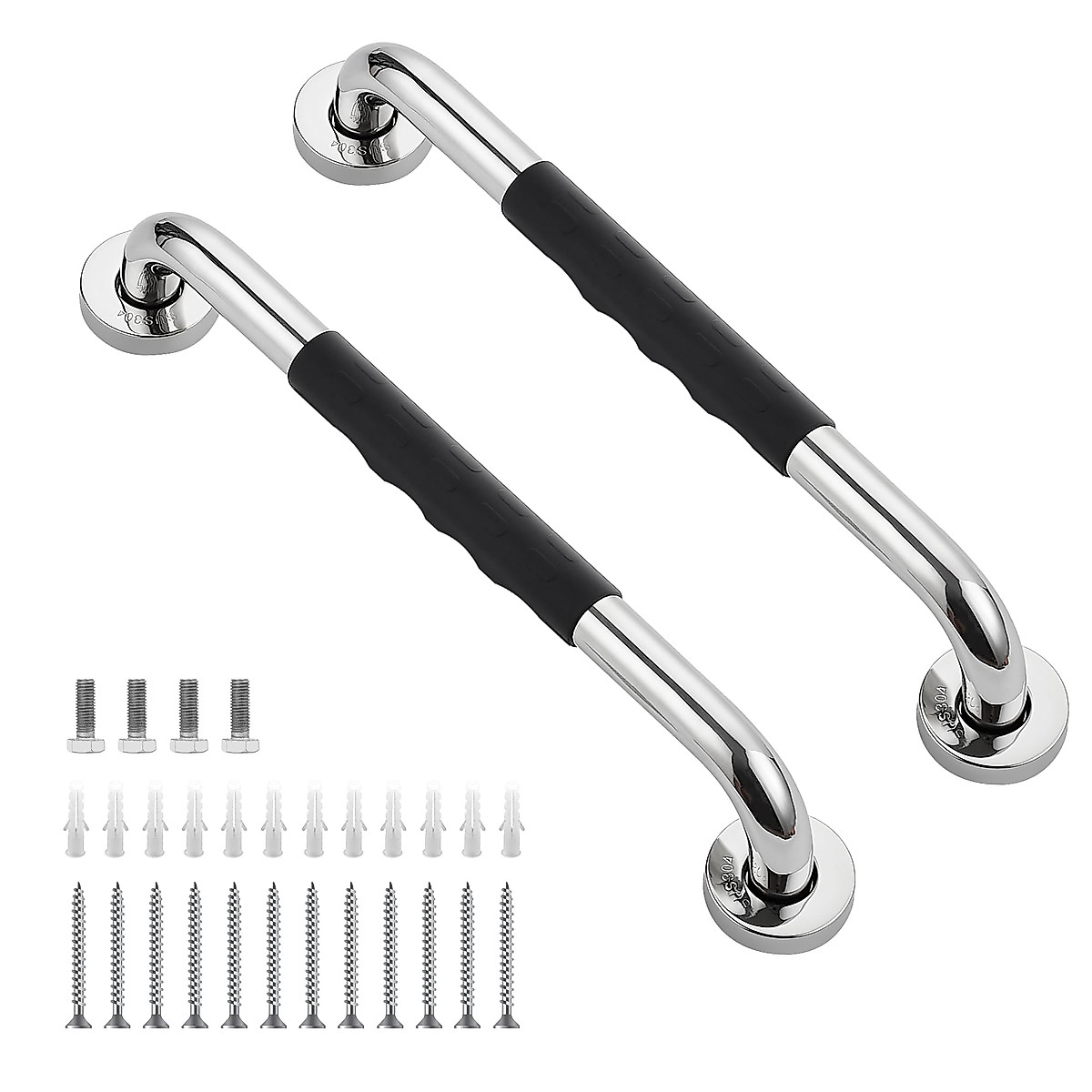 Grab Bars for Shower，2 Pack 16 Inch Anti-Slip Shower Handle with Rubber Grip, Silver Safety Shower Bar, Stainless Steel Handicap Grab Bars for Elderly for Wall (1" Diameter)
