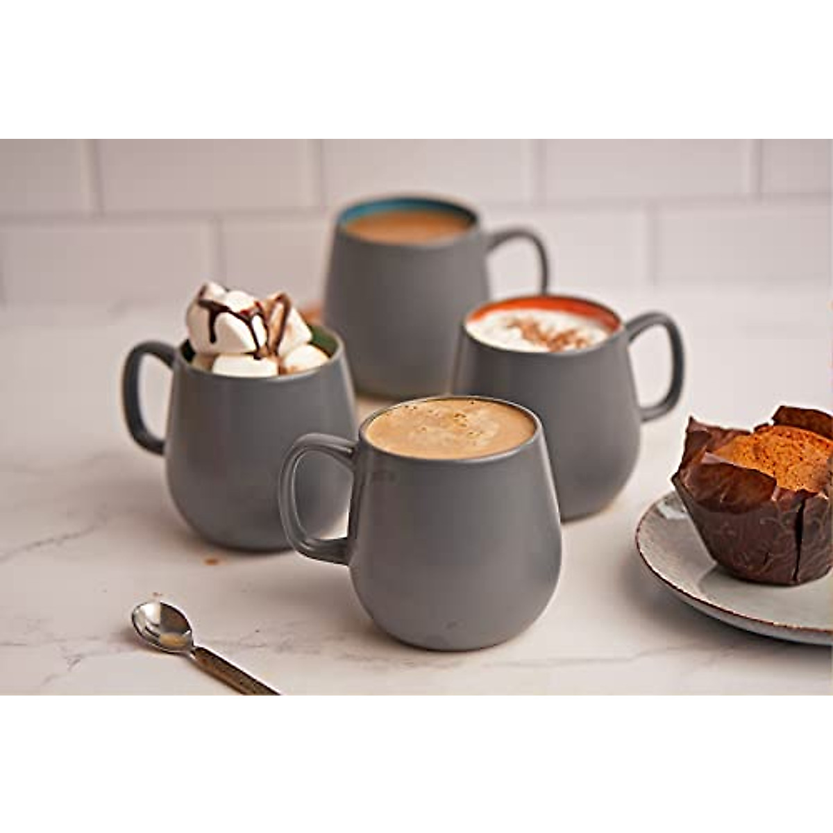 Kook Multicolor Deco Large Ceramic Coffee Mugs, Ceramic, Microwave & Dishwasher Safe, 21 oz, Semi-Matte, Grey, Set of 4