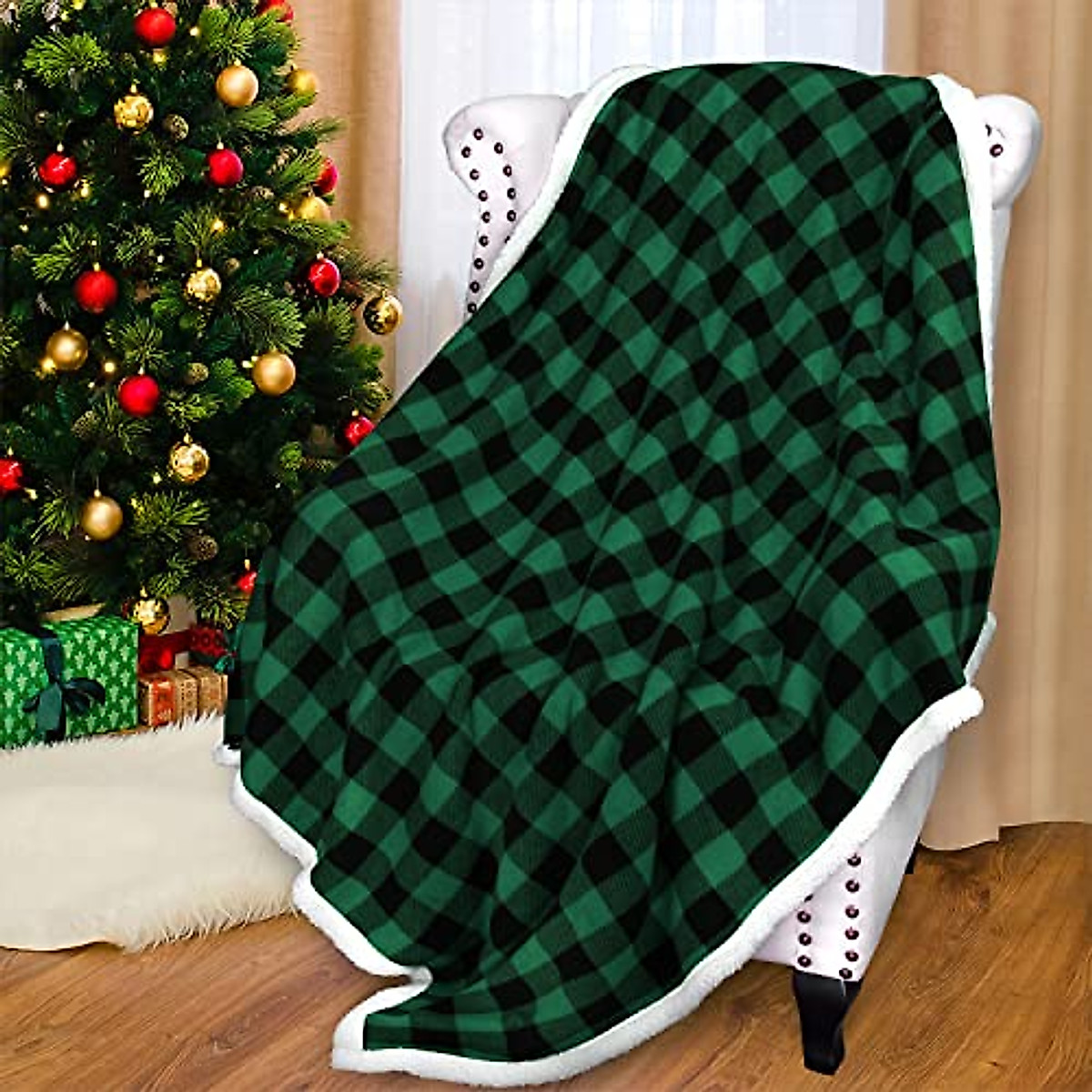 Catalonia Buffalo Plaid Green Sherpa Throw Blanket, Reversible Soft Fuzzy Comfy Snuggly Throws for Couch, 50x60 inches, St. Patrick Gift