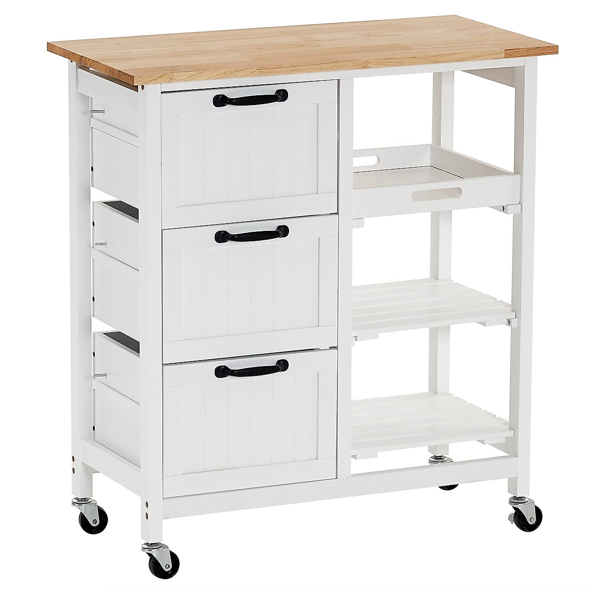 White Mobile Cart on Wheels Coffee Bar w/2 Drawers Kitchen Island Cart with Storage,Rolling Serving Utility Trolley Cart On Wheel with 3 Drawers and 3 Storage Shelves, Kitchen Serving Cart for Bar