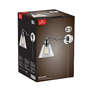 Globe Electric 65704 1-Light Plug-in or Hardwire Industrial Wall Sconce, Chrome Finish, On/Off Rotary Switch, 6ft Clear Cord, Clear Glass Shade, Wall Lights for Bedroom Plug in, Kitchen Sconces