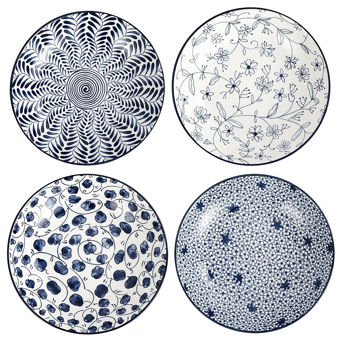 Swuut Ceramic Pasta Bowls Set,Blue and White 8 inch Salad Bowl Floral Dinner Shallow Plates Set of 4, Serving Bread Appetizer Dessert Snack (8 Inch)