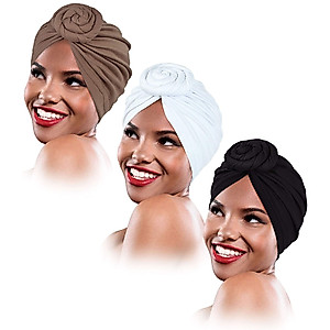 keland 3 Pieces African Pattern Women Turbans Hats Flower Knot Headwrap Pre-Tied Cap (Black&White&Camel)