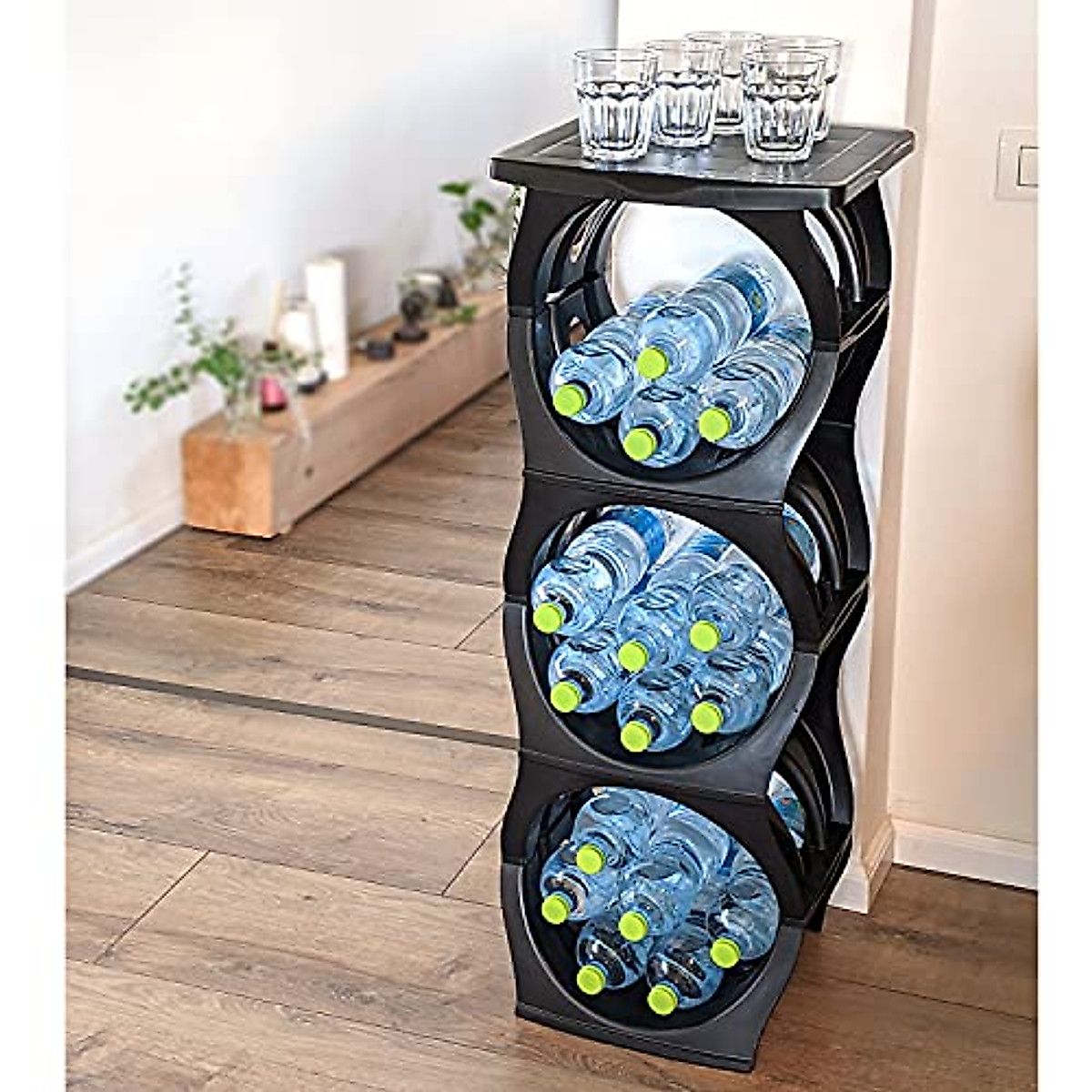 Stackable Water Bottle Storage Rack Best Water Jugs 5 Gallon Organizer. Jug Holder for Kitchen, Cabinet and Office Organizing. Reinforced Polypropylene (3 Plus Shelf, Black)