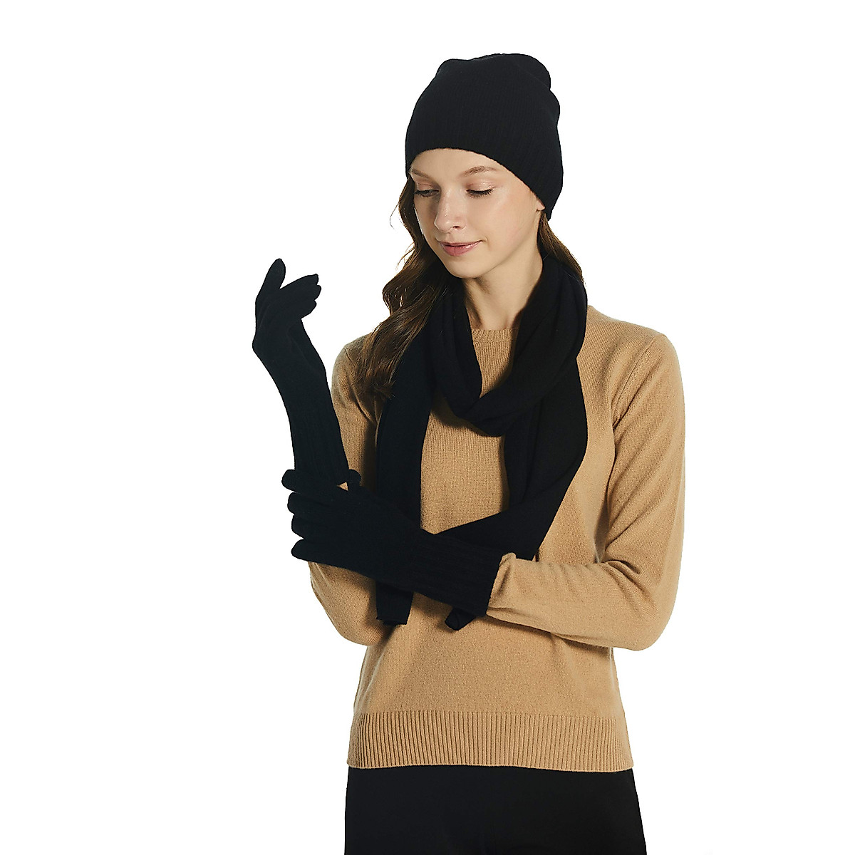 EURKEA Women’s 100% Pure Cashmere Scarf, Gloves, Beanie Hat Gift Box Set