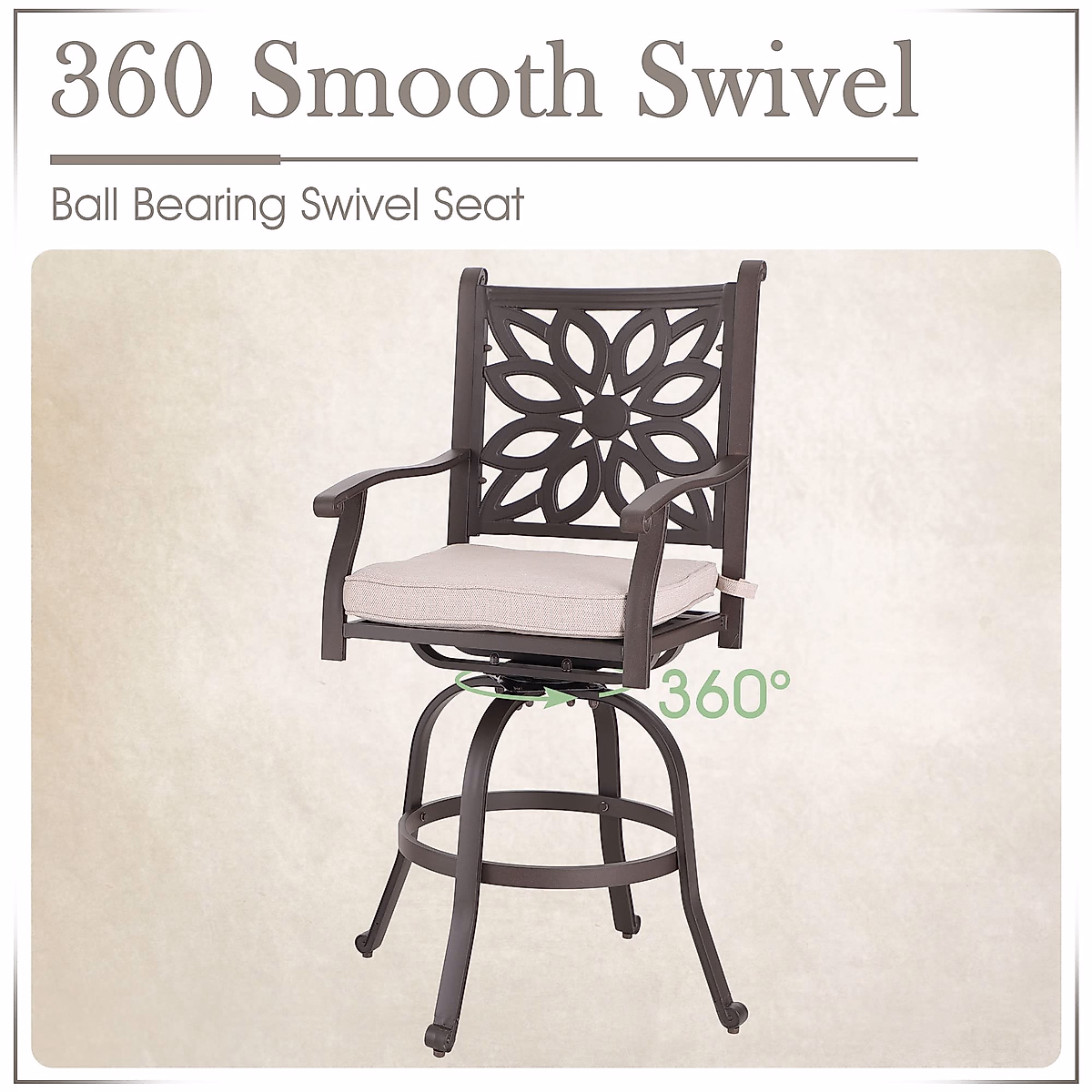 MFSTUDIO Cast Aluminum Bar Height Patio Dining Set of 7, Aluminum 54" Round Bar Height Table with Umbrella Hole and 6 Pieces Bar Height Swivel Stool, Brown