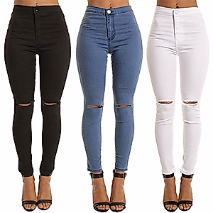 Andongnywell Women's Hight Waist Stretch Ripped Skinny Fit Jeans Slim Fit Distressed Denim Pants with Pockets Trousers (Black 1,3X-Large)