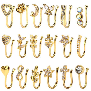 CrazyPiercing 18Pcs Fake Nose Ring CZ African Nose Cuffs Gold Faux Septum Nose Rings Clip on Nose Jewelry for Woman Non Pierced Jewelry(18P)