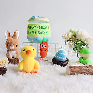Bunny Chorus Baby's First Easter Basket Playset 6ct, Egg-shaped Basket with Embroidered 'Baby's First Easter', Stuffed Plush Bunny Chick Carrot Frog Egg for Kids Baby Girls Boys, Easter Stuffers Gifts