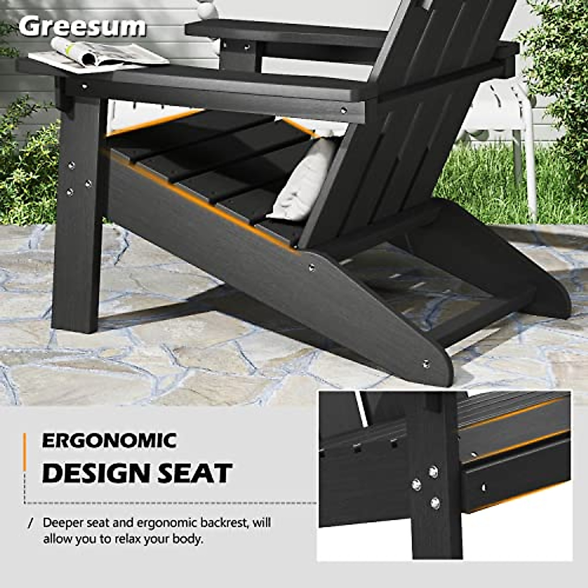 Greesum Outdoor Painted Adirondack Chair for Patio Garden, Backyard Deck, Fire Pit & Lawn, Black