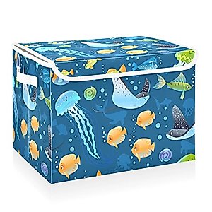 CaTaKu Blue Sea Fish Storage Bins with Lids and Handles, Fabric Large Storage Container Cube Basket with Lid Decorative Storage Boxes for Organizing Clothes