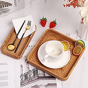 ORYOUGO Wicker Baskets Tray, Rectangle Rattan Serving Tray Hand Woven Bathroom Countertop Small Storage Basket for Coffee Table, Vanity, Toilet Tank