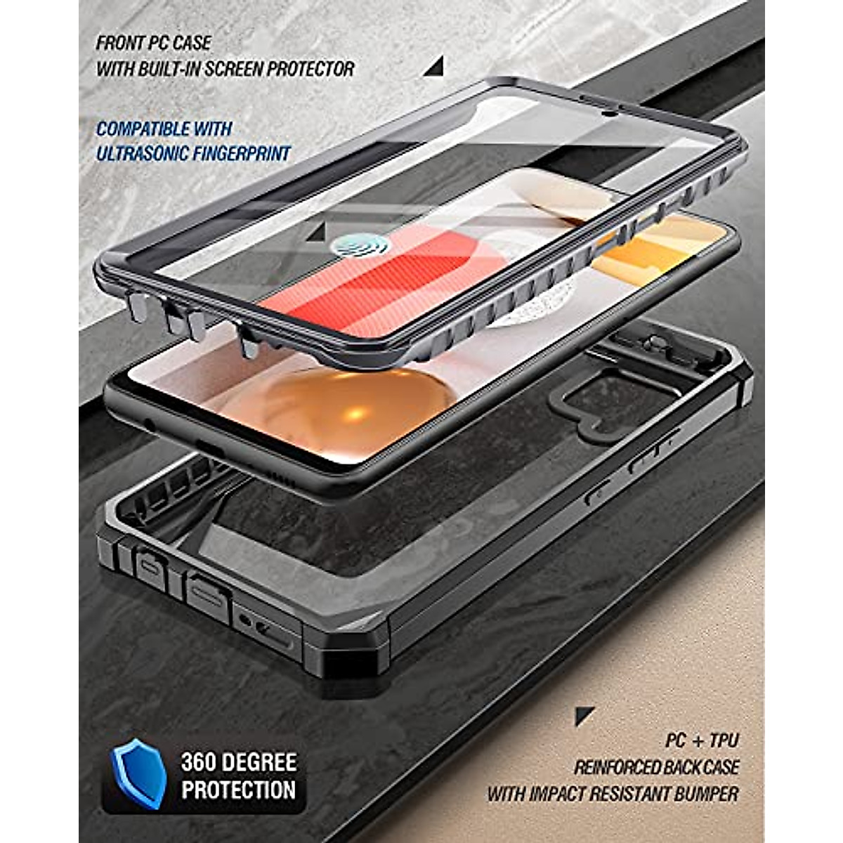 Poetic Guardian Case Designed for Samsung Galaxy A42 5G, Built-in Screen Protector Work with Fingerprint ID, Full Body Hybrid Shockproof Bumper Cover Case, Black/Clear