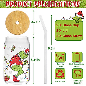 WODOHOLO Christmas Cups 16oz Christmas Coffee Can Glass with Lid and Straw Xmas Grin-ch Tree Tumbler Drinking Glasses Coffee Cups Decor Glass Water Bottles Gift for Women Kids Men
