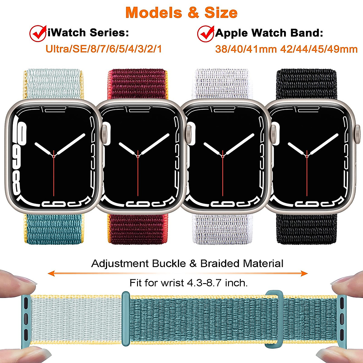 4 Pack Nylon Sport Band Compatible with Apple Watch Band 38mm 40mm 41mm Women Men, Adjustable Stretchy Solo Loop Strap for iWatch Series Ultra/SE/9/8/7/6/5/4/3/2/1, Black/White/Plum/Sunshine
