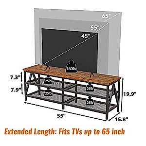 Furologee TV Stand for 60 65 inch TV, Long 55" Entertainment Center with 3-Tier Open Storage Shelves, Industrial TV Console Table for Living Room, Rustic Brown