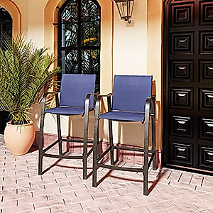 Pellebant Aluminum Outdoor Bar Stool Set of 2, Patio Counter Height Stools & Bar Chairs All-Weather for Backyard, Pool, Garden, Deck,Brown Frame, 27.5'' Seat Height,270 lb Capacity-Navy Blue
