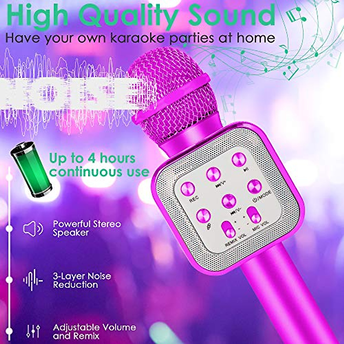 KIDWILL Wireless Bluetooth Karaoke Microphone for Kids, 5-in-1 Portable Handheld Karaoke Mic Speaker Player Recorder with LED Lights for Kids Girls Boys Teens Birthday (1818-Hot Pink)