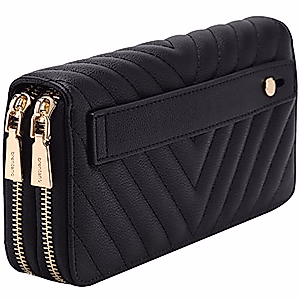 B BRENTANO Vegan Leather Double Zipper Pocket Wallet with Grip Hand Strap (Chevron Embroidered Black)