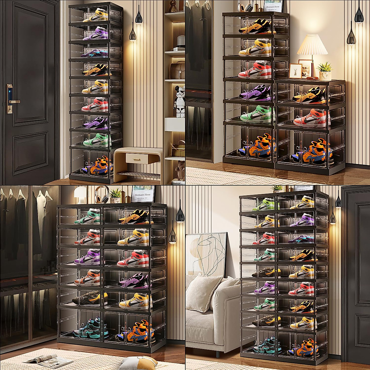 CIMLORD 9-Tier Foldable Shoe Rack for Closet Entryway 18-36Pairs,Stackable Clear Shoe Storage Boxes Organizer with Door Plastic Shoe Cabinet Bins with Lids Shoes Shelf Easy Assembly Large Black