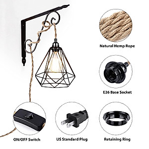 Plug in Hanging Light Fixture, 20FT 3 Bulbs Pendant Lamp Lights Cord with Switch Cord E26 Bulbs Socket, Industrial DIY Twisted Hemp Rope Overhead Lamps for Farmhouse Bedroom Home Lighting Decors