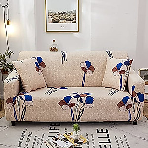 AMDXD 4 Seater Recliner Couch Cover 235-300cm, Polyester Furniture Covers Light Brown Dark Blue Flower Anti-Slip Super Stretch Sofa Cover Style 10