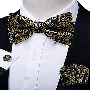 DiBanGu Black Gold Paisley Bow Tie for Men Adjustable Pretied Bow Tie Handkerchief Cufflinks