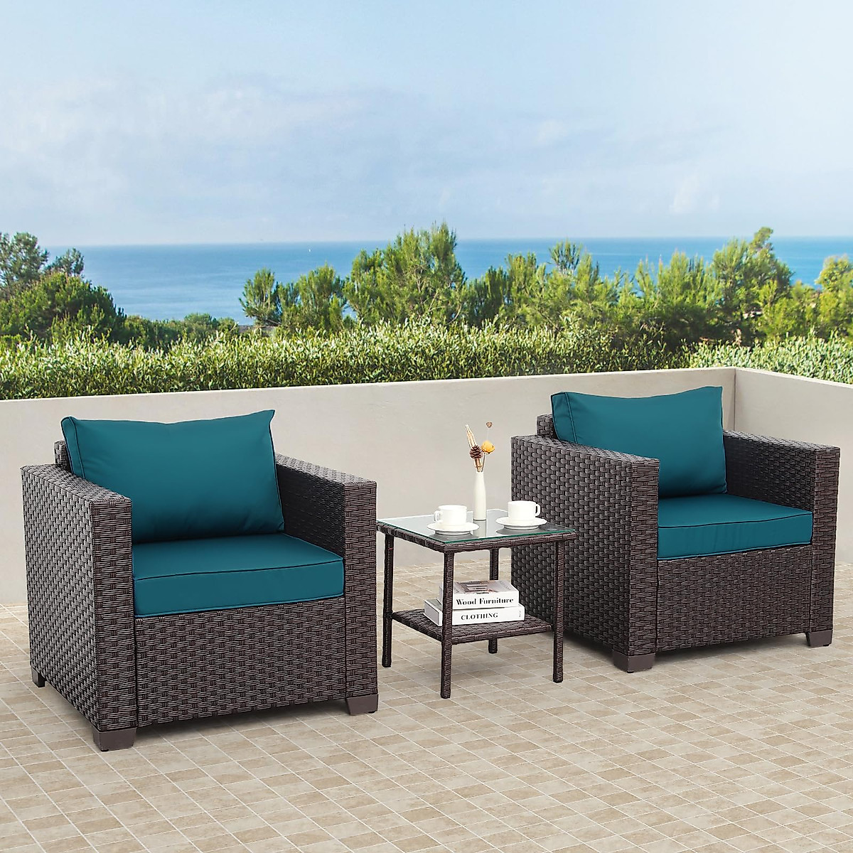 Patio Furniture 3 Piece Patio Set Patio Conversation Sets Outdoor Chairs and Glass Side Table Balcony Furniture with Non-Slip Cushions and Waterproof Covers, Peacock Blue