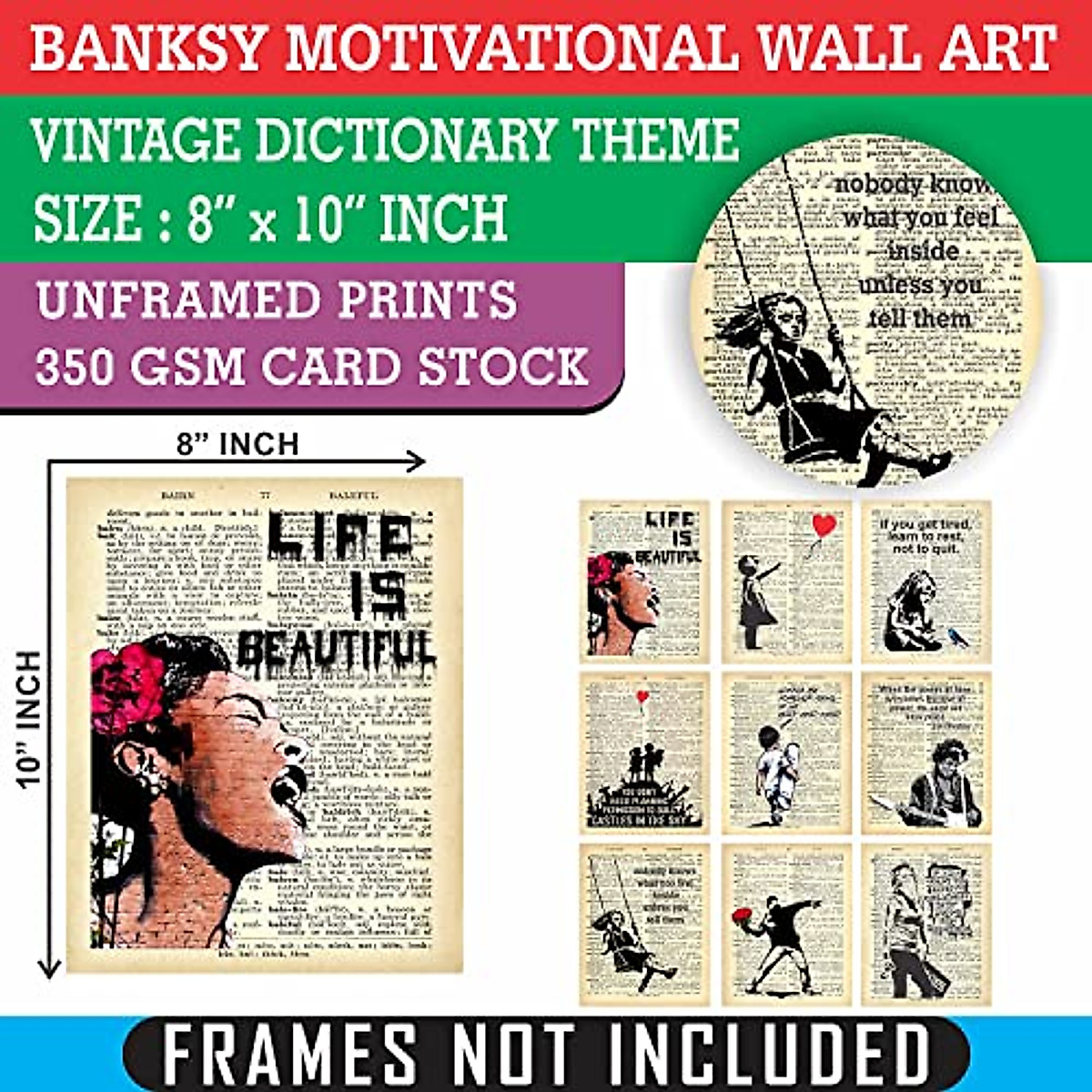 Banksy Wall Art Set - Motivational Graffiti Street Art Positive Inspirational Quotes Encouraging Poster for Living Room Teens Bedroom Home Office Decor - Unframed 8 x 10 Dictionary Prints