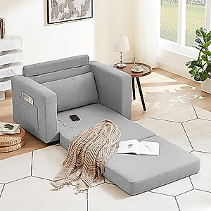 Convertible Sleeper Sofa Chair Bed, Comfy Floor Folding Sofa Bed, Armchair Pull Out Sleeper Couch Bed with Pocket and 2 USB Ports for Living Room, Bedroom, Small Places (Light Gray)