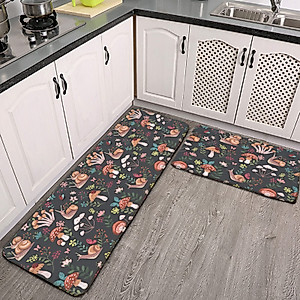 YouTary Mushroom Snails Butterfly Flower Pattern Kitchen Rug Set 2 PCS Floor Mats Washable Non-Slip Soft Flannel Runner Rug Doormat Carpet for Floor Home Bathroom, 17" x 47"+17" x 24"-M