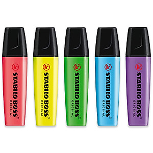 STABILO Highlighter BOSS ORIGINAL - Essential Pack of 5 - Red, Yellow, Light Blue, Light Green & Lavender