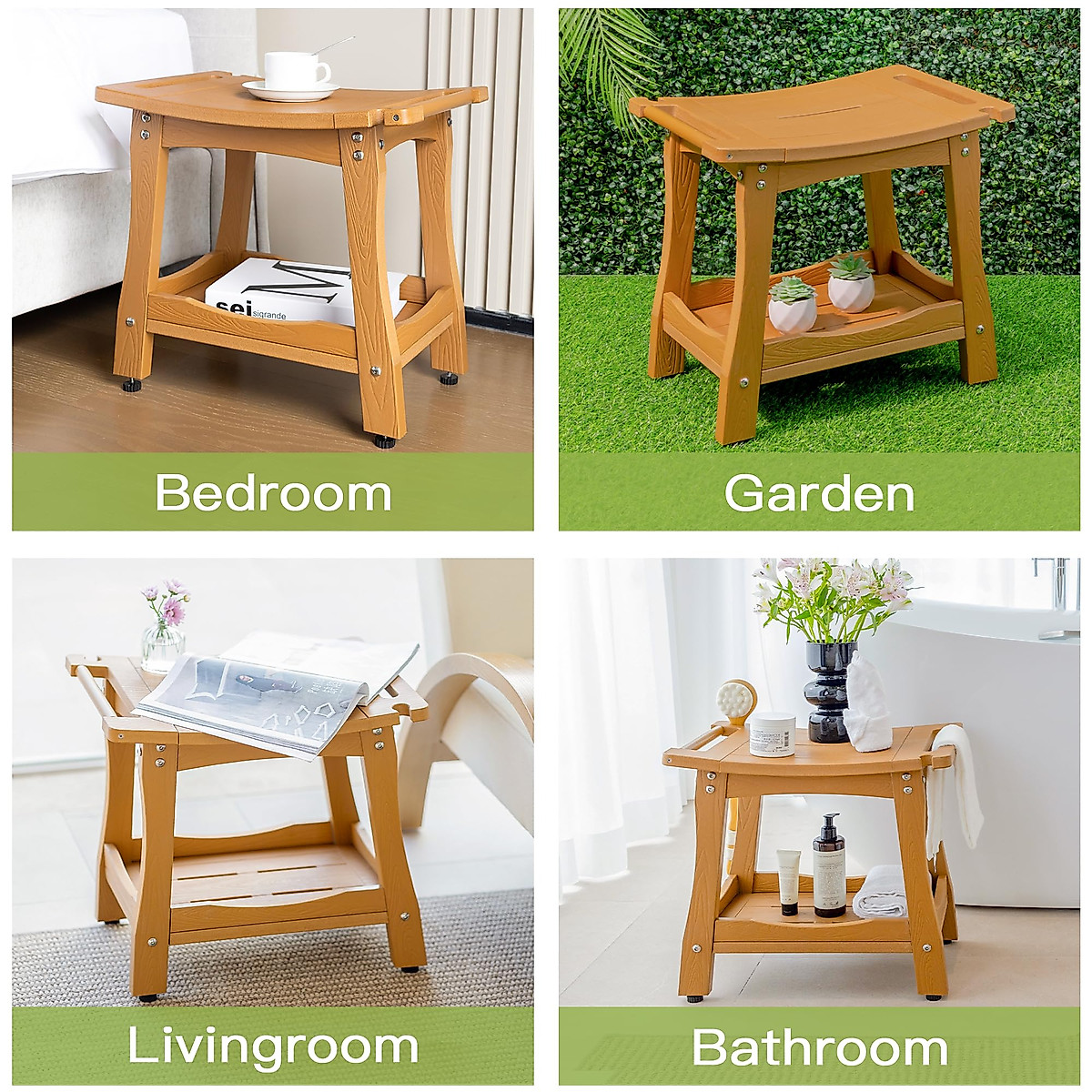 Y&M 2-Tier Bathroom Shower Bench with Waterproof Storage Shelf, HDPE Towel & Shower Head Shelves Curved Seat, Small Tub Chair for Shaving Legs Foot Stool, Bath, Spa, Indoor or Outdoor Use, Teak