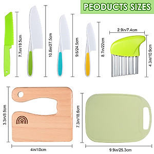 7 Pieces Wood Kids Kitchen Knife Toddler Knife Set Includes Wooden Kids Knife Serrated Edges Plastic Cooking Knives Green Cutting Board Vegetable Crinkle Cutter Cooking Utensils for Kids Home Supplies