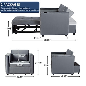 weselon Velvet Convertible Chair Bed, 3 in 1 Multi-Functional Lounge Chair Sleeper, Pull Out Couch Guest Bed with Hidden Table and Adjustable Backrest for Living Room Small Space Apartment (Gray)