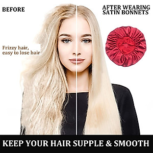 2PCS Large Satin Silk Hair Bonnet for Sleeping,Elastic Wide Band Bonnets for Black Women Braids,Silk Hair Wrap Night Sleep Caps for Women Curly and Natural Hair (Black,Wine Red)