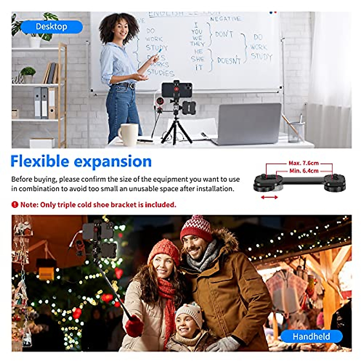 NEEWER Triple Cold Shoe Mount with Gimbal Microphone Mount Extension Bar & 1/4" Adapter Compatible with DJI OM4 Osmo Mobile 3 Zhiyun Smooth 4 Feiyu AK2000 Stabilizer/Tripod/Monopod