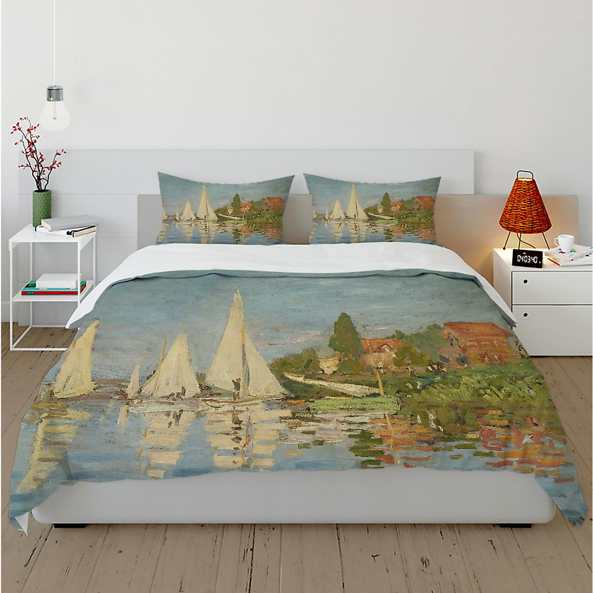 HOBBOY Claude Monet Painting Art 3 Pieces Duvet Cover Sets The Regattas at Argenteuil Printed Duvet Cover with Zipper 2 Pillowcases No Sheets Queen