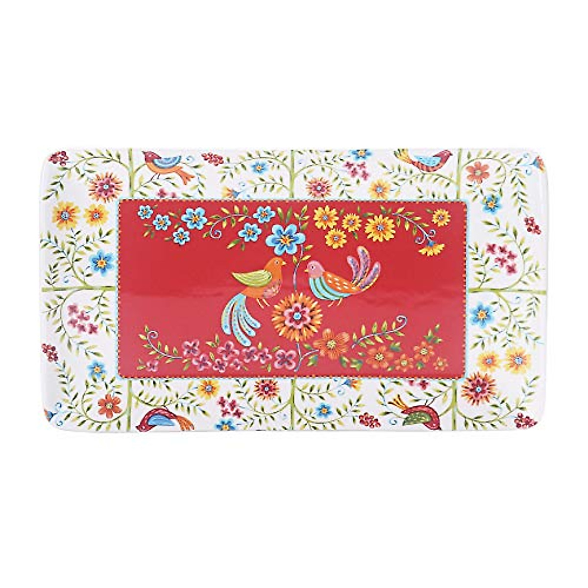 Bico Red Spring Bird Ceramic 14 inch Rectangular Serving Platter, Set of 2, for Serving Salad, Pasta, Cheese, Ham, Appetizer, Microwave & Dishwasher Safe