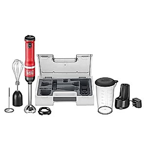 BLACK+DECKER Kitchen Wand Cordless Immersion Blender, 3 in 1 Multi Tool Set, Hand Blender with Charging Dock, Whisk and Milk Frother, Red (BCKM1013KS06)