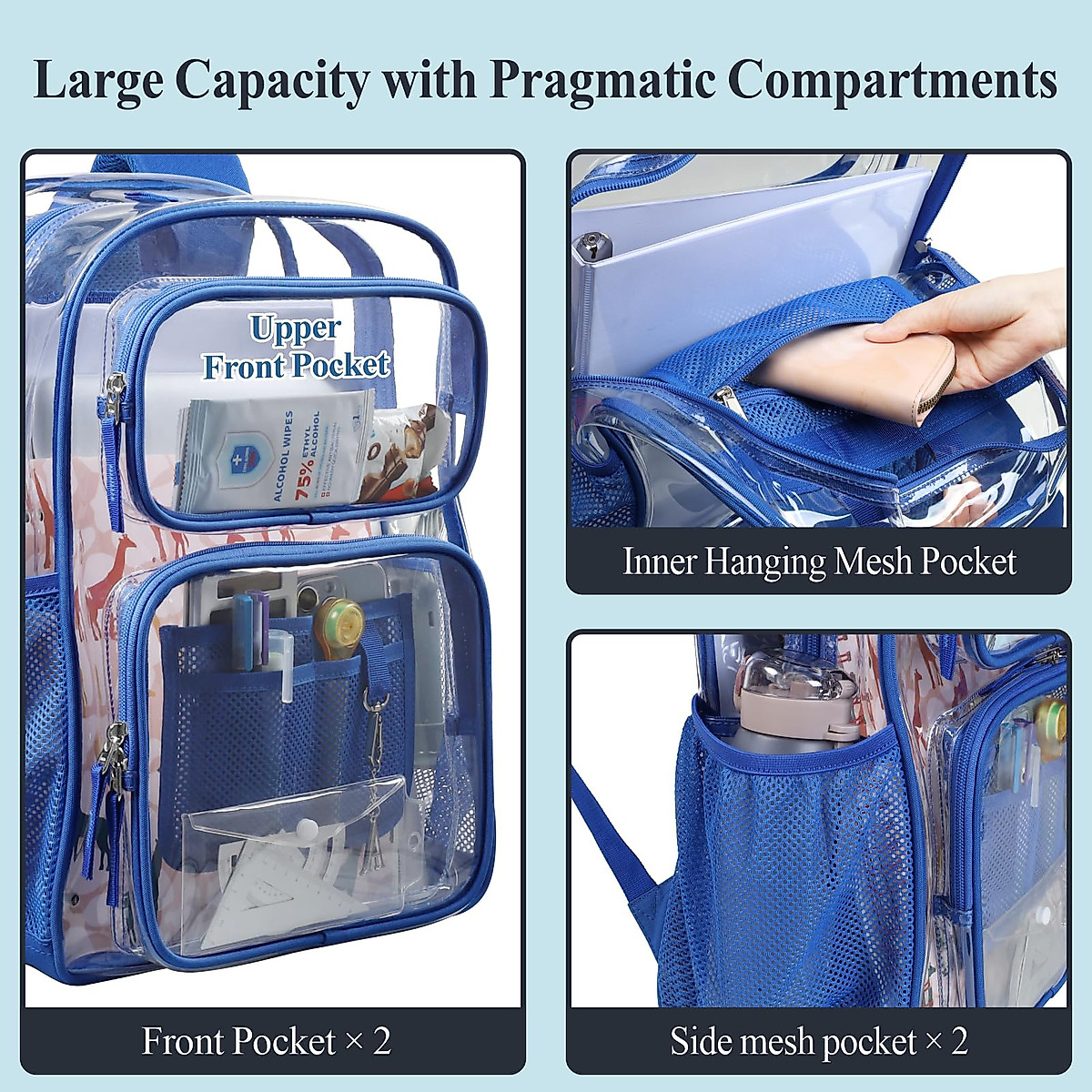 PACKISM Clear Backpack for School - 17 inch Large Heavy Duty Clear Bookbag, See Through PVC Transparent Backpacks with 2 Front Pockets for College Work, Blue (for age 12 above)