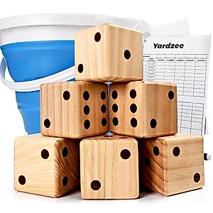 ropoda 3.5" Giant Wooden Yard Dice Set for Outdoor Fun, Barbeque, Party Events, Backyard Games, Lawn Games Includes 6 Dice, Collapsible Bucket, Score Cards & Dry Erase Marker