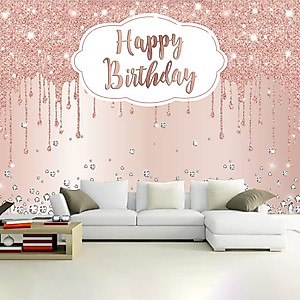 ASOONYUM 7x5ft Pink Gold Happy Birthday Backdrop Rose Golden Sparkling Diamond Background for Photography Girls Women Sweet 16th 18th 21th 40th 50th Birthday Party Decorations Cake Table Banner